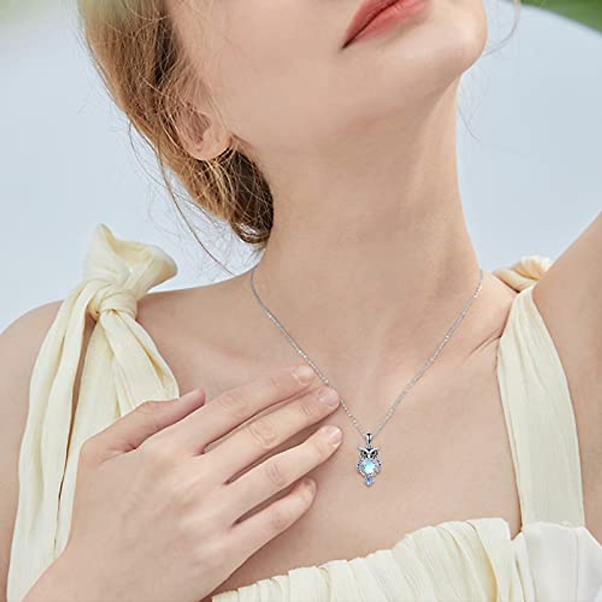 LUHE Owl Jewelry Necklace Gifts for Women Sterling Silver Moonstone Filigree Owl Pendant Necklace Christmas Gifts Jewelry for Women