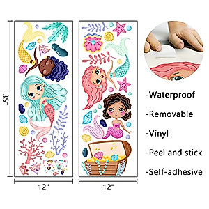 Mfault Baby Girls Black Mermaid Under The Sea Wall Decals Stickers, Multicultural Ocean Creatures Nursery Decoration Bedroom Playroom Art, Shell Bubble Coral Seaweed Kids Room Bathroom Home Decor