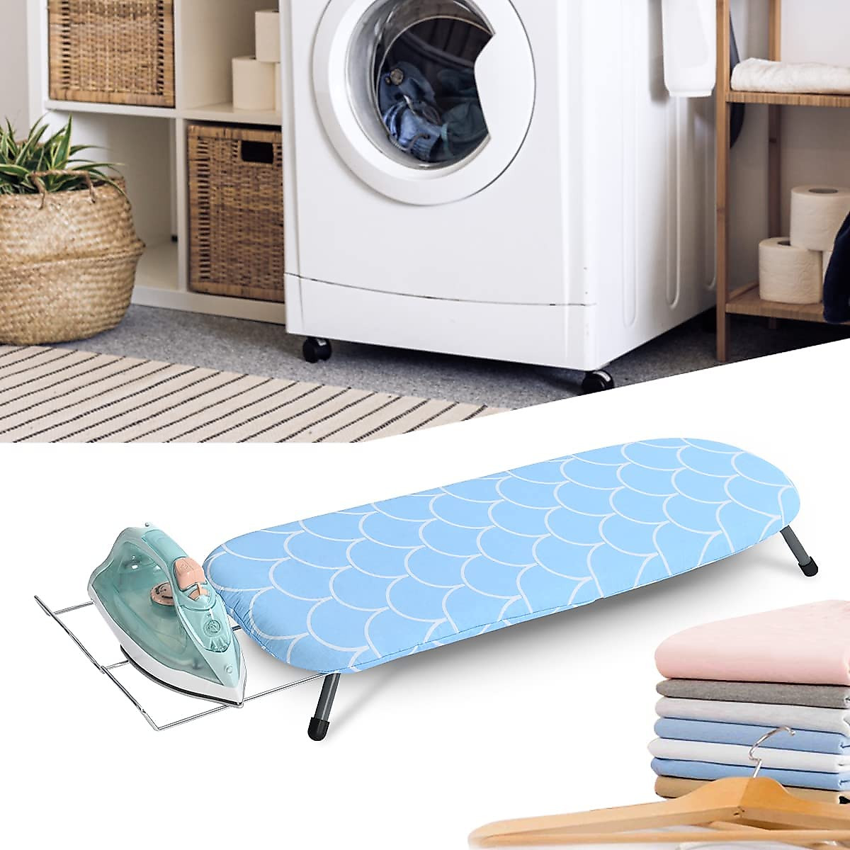 Foldable Ironing Board, Portable Iron Board with Iron Rest, Tabletop Small Ironing Board with 2 Heat Resistant Ironing Covers, Mini Ironing Board with Non-Slip Feet for Bathroom, Laundry Rooms, Dorms