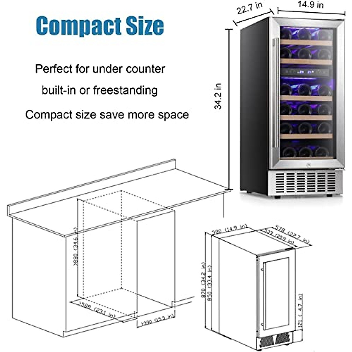 Antarctic Star 15" Wine Cooler Under Counter Beverage Refrigerator Beer Mini Fridge 28 Bottles Dual Zone Built-in Freestanding Stainless Steel Double-Layer Tempered Glass Door