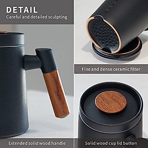 HEER Ceramic Tea Cup with Infuser and Lid for Steeping Loose Leaf Tea, Infusion Tea Mug with Extended Wooden Handle, Frosted Glazed Coffee Teacup for Home Office. 400ml/13.5oz. (Black)