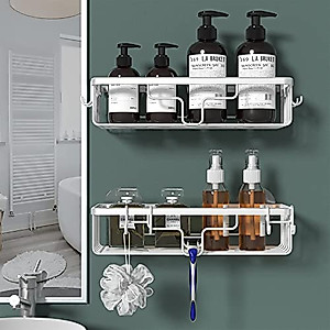 Noele 2-Pack Shower Caddy with Removable Hooks, Adhesive Shower Basket Shelves No Drilling, Rustproof Aluminum Storage Organizer Rack for Bathroom Toilet Kitchen
