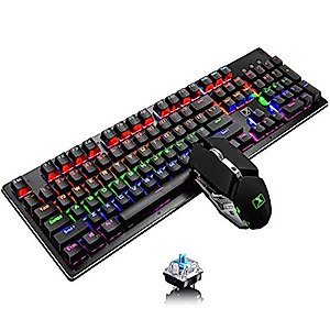 Wireless Gaming Keyboard and Mouse Combo with 104 Key Rainbow LED Backlight Rechargeable 4600mAh Battery Mechanical Keyboard Anti-ghosting Ergonomic RGB Mute Mice for Computer PC Gamer (Blue Switch)