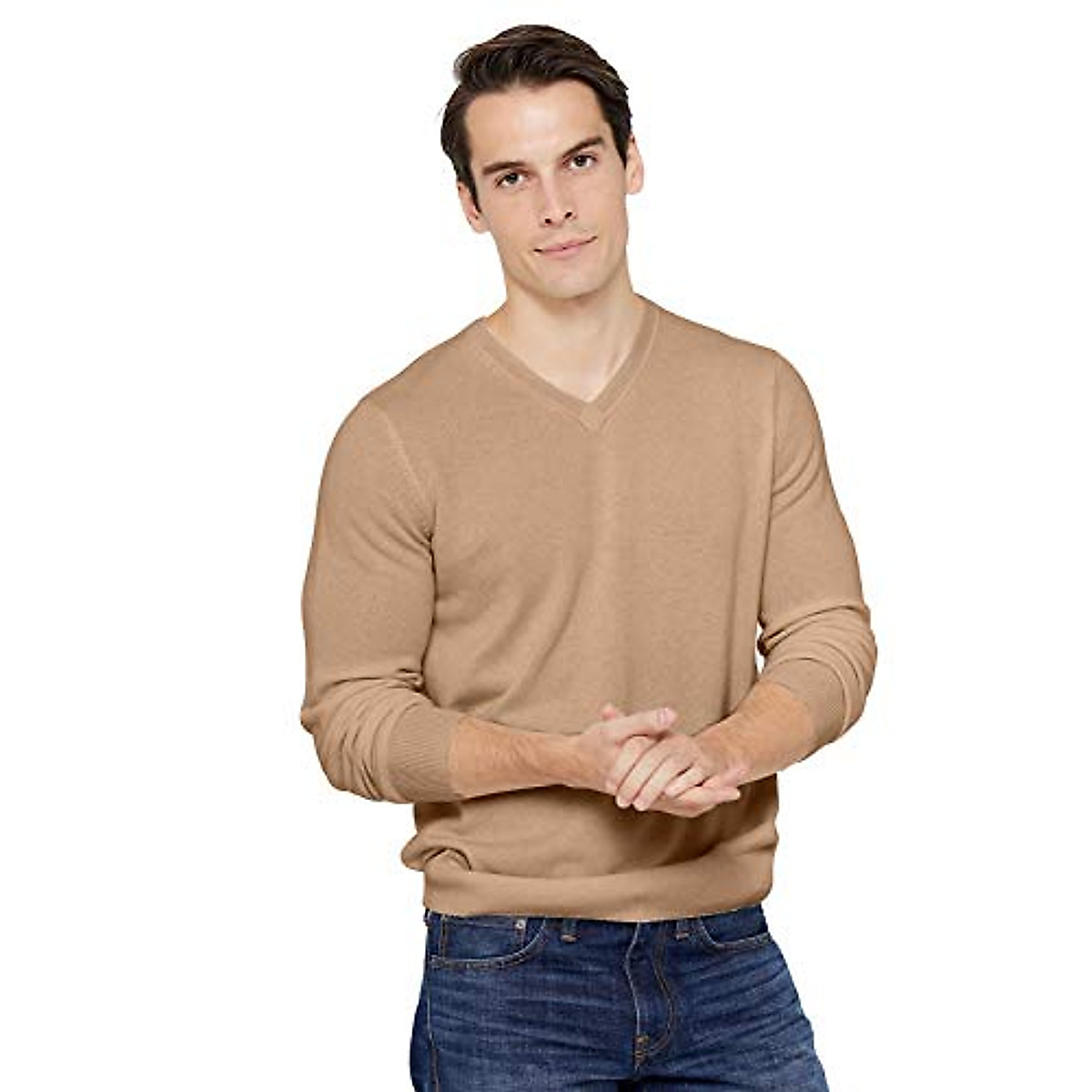 State Cashmere Essential V-Neck Sweater - Long Sleeve Pullover for Men Made with 100% Pure Cashmere Sourced from Inner Mongolia Goats - Soft, Lightweight & Versatile - (Camel, Large)