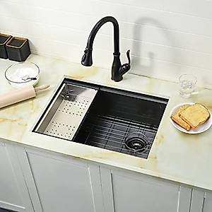 25 Inch Undermount Kitchen Sink Workstation, Jshozzy 25x19 Handmade Black 304 Stainless Steel Undermount Kitchen Sink with Offset Drain Deep Single Bowl Bar Prep Sink Basin