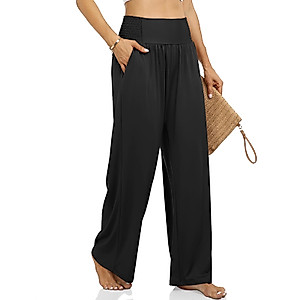 UEU Women's Wide Leg Pants Elastic High Waisted Travel Lounge Yoga Palazzo Pants with Pockets, Black, X-Large