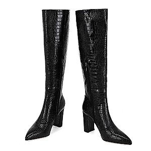 QXYRAUF Knee High Boots Women's Faux Crocodile long boots high heel boots GoGo Tall Boots Block Heel Pointed Toe Boots