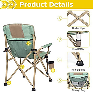 XGEAR Camping Chair with Padded Hard Armrest, Sturdy Folding Camp Chair with Cup Holder, Storage Pockets Carry Bag Included, Support to 400 lbs (1-Green)