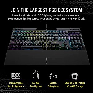 Corsair K70 PRO RGB Optical-Mechanical Gaming Keyboard - OPX Linear Switches, PBT Double-Shot Keycaps, 8,000Hz Hyper-Polling, Magnetic Soft-Touch Palm Rest - NA Layout, QWERTY - Black