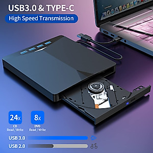 External CD/DVD Drive for Laptop, 7 in 1 USB 3.0 DVD Player Portable CD/DVD Burner, CD ROM External DVD Drive for Laptop Compatible with Laptop Desktop PC Windows 11/10/8/7 Linux Mac OS (Jet Black)