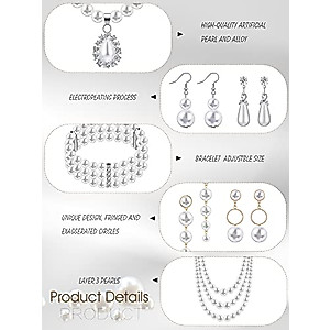 8 Pcs Pearl Necklace Earrings Set for Women, Includes Simulated Pearl Bracelet Faux Pearl Necklace Dangle Earrings (Bright Style)