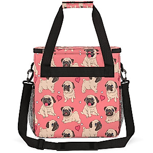 Cartoon Pugs Dogs Coffee Maker Carring Bag Pink Background Travel Carrying Tote Bag Compatible with Keurig K-Mini or K-Mini Plus Portable Single Serve Coffee Brewer Case with Pockets for K-cup Pods