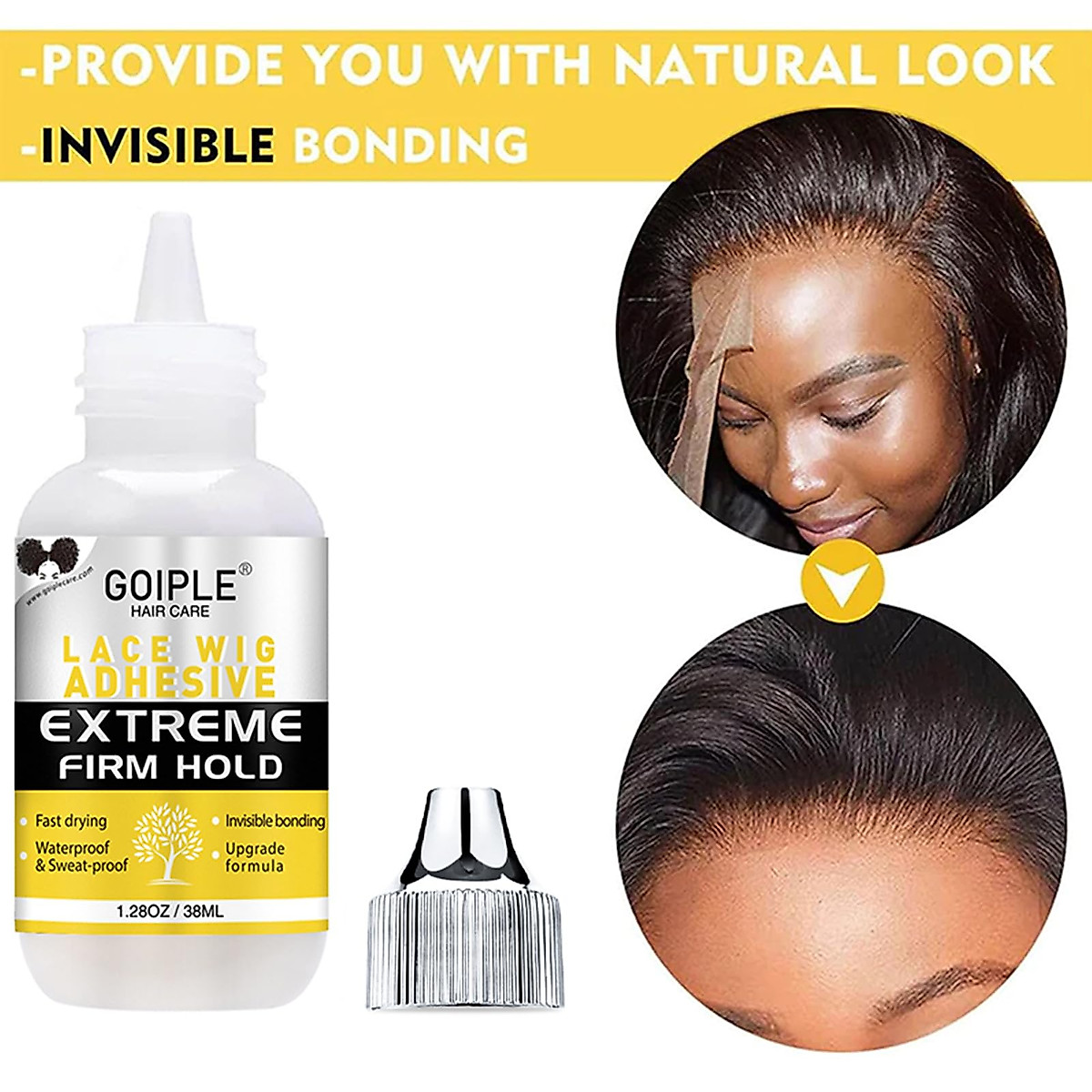 Wig Glue 1.28OZ, Waterproof Lace Front Wig Glue for Wigs with Tools and Hair Wax Stick (Wig Glue/Wig Glue Remover/Hair Wax Stick/Edge Control Wax/Elastic Band/Hair Dual Drush/Wig Caps)