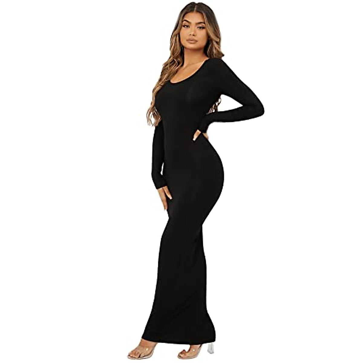 Floerns Women's Solid Long Sleeve Scoop Neck Bodycon Pencil Maxi Dress Black S