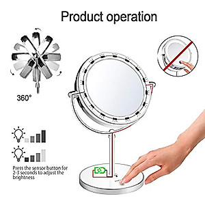 KDKD Lighted Makeup Mirror 1X 7X Magnification Double Sided Round Shape with Base Touch Button, Cordless and Rechargeable