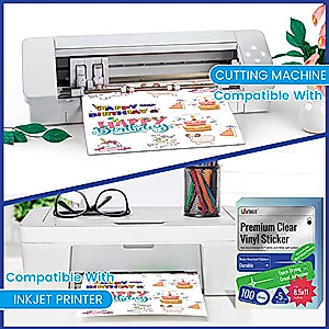 Uinkit 105Sheets Premium Clear Vinyl Sticker Paper for Inkjet Printer - Include 100 Sheets Clear and 5Sheets Glossy Label Waterproof, Dries Quickly Vivid Colors, Holds Ink Well