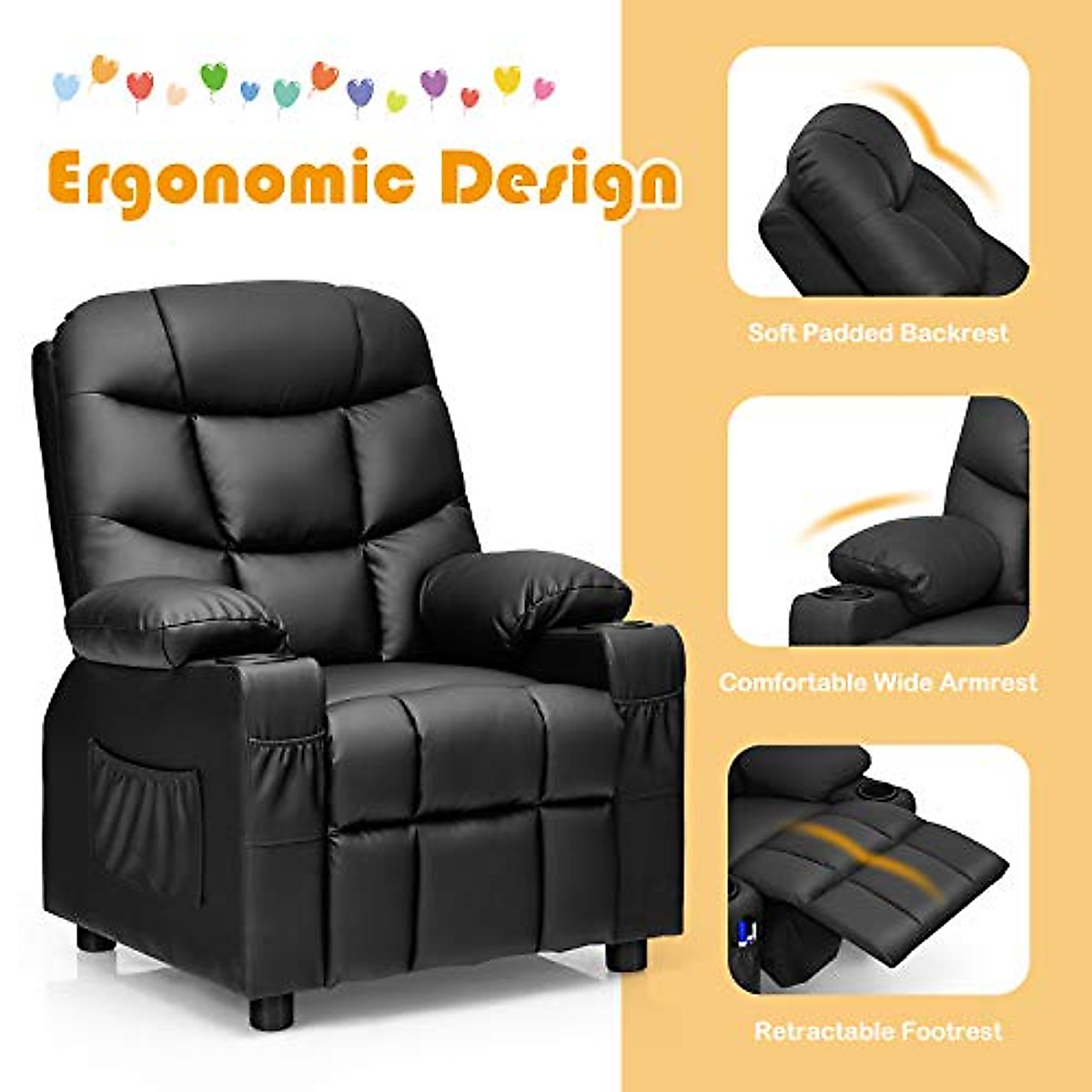 Costzon Kids Recliner Chair with Cup Holder, Adjustable Leather Lounge Chair w/Footrest & Side Pockets for Children Boys Girls Room, Ergonomic Toddler Furniture Sofa, Kids Recliner (Black)