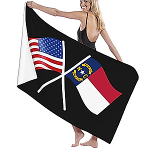 ADOSIA American and North Carolina Flag Beach Towel 32x52in Oversized Soft Absorbent Beach Towel