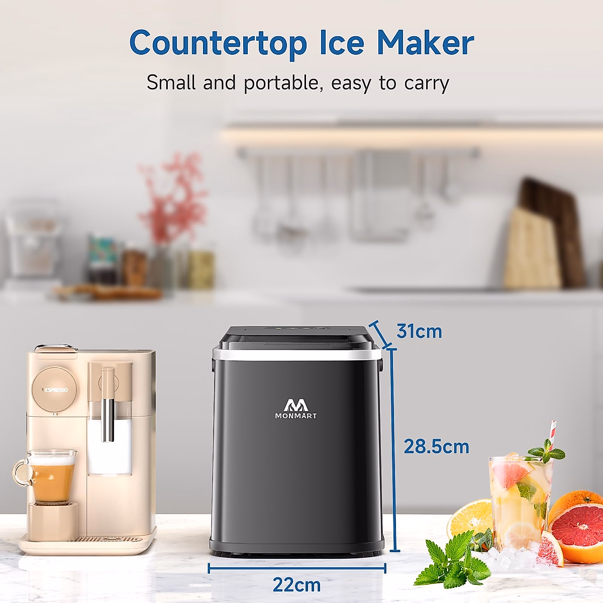 Portable Ice Maker Countertop, Small Ice Maker Machine with Handle, 26.5lbs/24Hrs, 8 Cubes in 6-10 Mins, Self-Cleaning Ice Makers for Home/Kitchen/Office/Bar