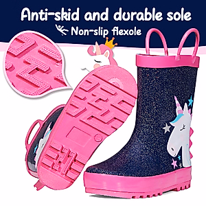 mysoft Kids Rain Boots for Girls Toddler Waterproof Rubber Cute Printed with Easy-On Handles