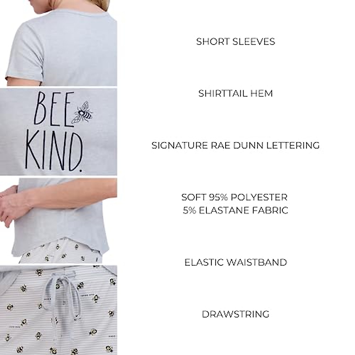 Rae Dunn Women's Sleepwear, BEE KIND Short Sleeve Top and Shorts Womens Pajama Sets, Soft summer loungewear, Light Grey, 1X