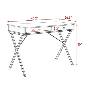 HomSof Frost Grey Finish 2 Drawers Writing Desk with Black Stoving Varnsih Steel Frame，MDF Table Top, Gray,42"