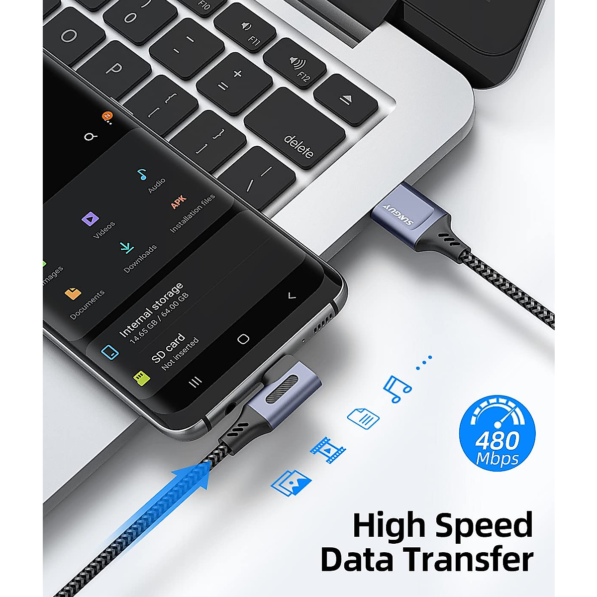 SUNGUY 2-Pack 1FT Right Angle USB A to USB C Charger Cable, Braided 3A Fast Charging & Data Sync 90 Degree USB 2.0 Type C Cable Compatible with Galaxy S20 S10 S9 Plus and More