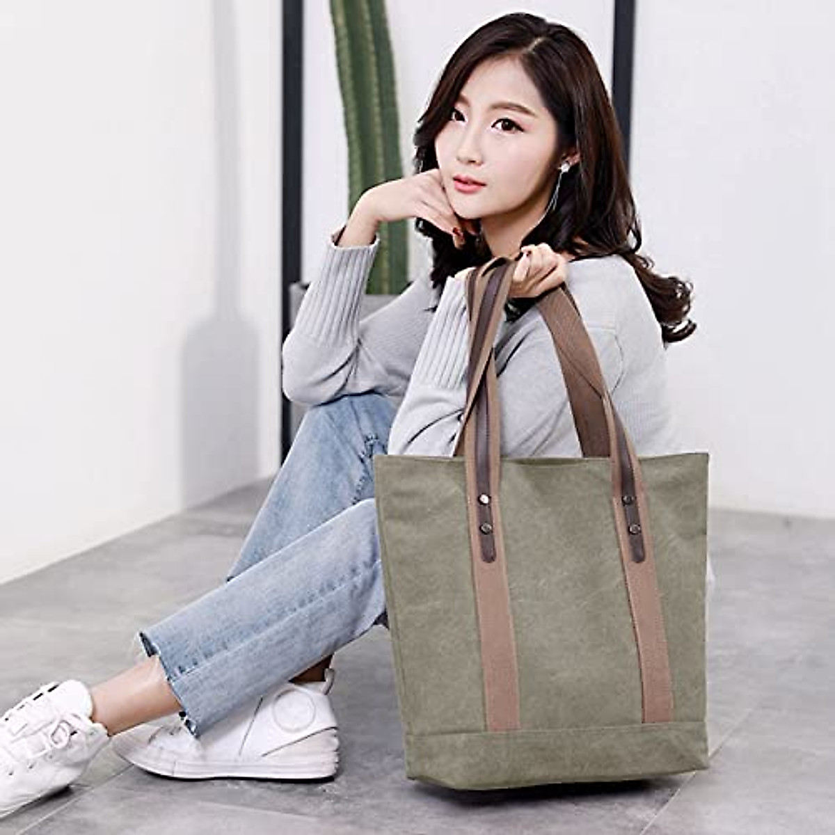 Women's Canvas Handbags Shoulder Bags Men Retro Casual Tote Work Purses (Army Green)