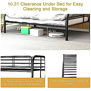Reemoon Metal Bunk Bed, Twin Over Full Size Beds with Two Side Ladders & Safety Guard Rail, Space-Saving Design, Noise-Free, Black