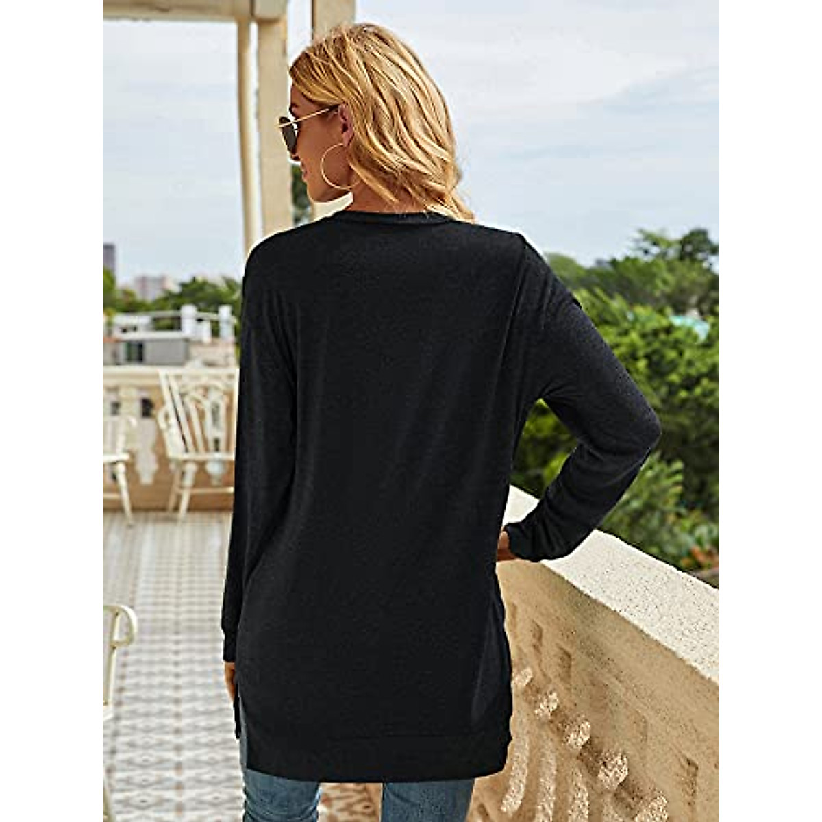 XUERRY Womens Casual V-NECK Long Sleeves Pocket Solid Color Sweatshirt Tunics Blouse Tops (X9009Black,L)
