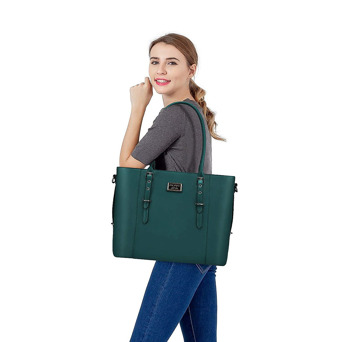 MOSISO PU Leather Laptop Tote Bag for Women (15-16 inch), Waterproof Large Capacity Business Work Briefcase Shoulder Laptop Bag, Deep Teal