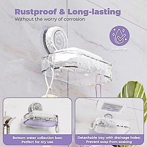 KatiKaddy Suction Soap Dish, Detachable Drip Tray & Removable Hooks, Soap Dish for Shower No Drilling Plastic Soap Dish Reusable Shower Soap Dish for Bathroom, Kitchen Living Room Clear, Transparent