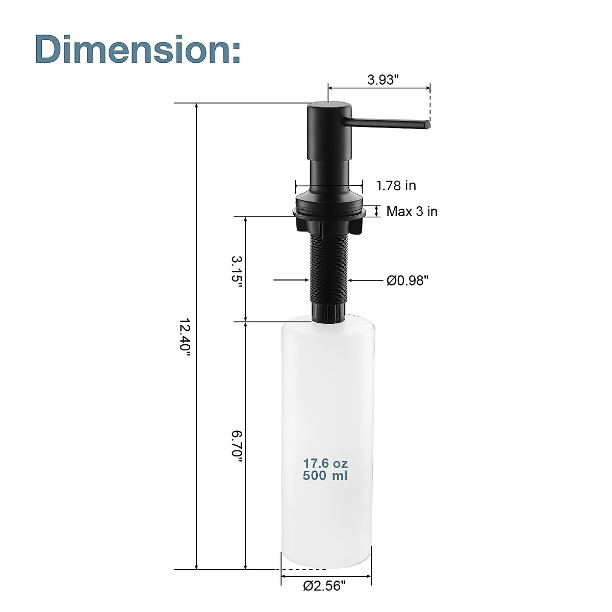 Matte Black Kitchen Sink Soap Dispenser, Ouen Countertop Pump Hand Lotion Built in Pump Soap Dispensers, Stainless Steel Sink Soap Dispenser Pump with 17oz Large Liquid Soap Bottle