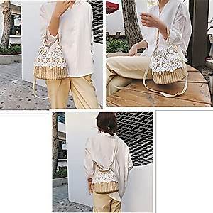 Anopo Straw Shoulder Bag Women Girls Drawstring Lace Woven Travel Handbag Rattan Bucket Summer Beach Hobo Bag Bohemian Crossbody Tote Purse-Leaf