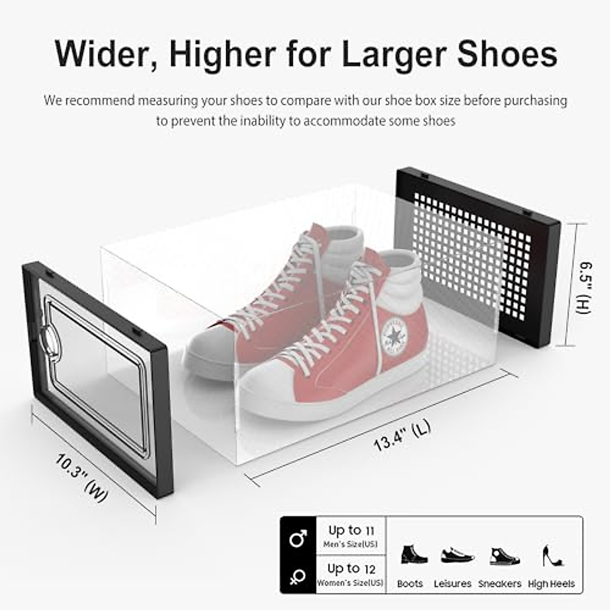 Potahouse Shoe Storage Organizer, 12 Pack X-Large Clear Plastic Stackable Shoe Boxes with Lids, Fit Size 11-12, Sneaker Containers Bins Space Saving for Entryway Closet Floor, Black