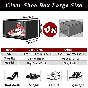 C&AHOME Clear Shoe Box, Clear Shoe Box Storage, Set of 6, Large Size Plastic Shoe Box with Magnetic Door, Shoe Organizer, Box Stackable for Display Sneakers, Fit Up to US Size 14''Black UCSBP06B