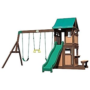 Backyard Discovery Lakewood Cedar Wood Swing Set, Covered Upper Deck with White Trim Window, Slide with Rails, Lower Fort Area with Door and Attached Bench, Swing Belts, Trapeze Bar, Stair Ladder