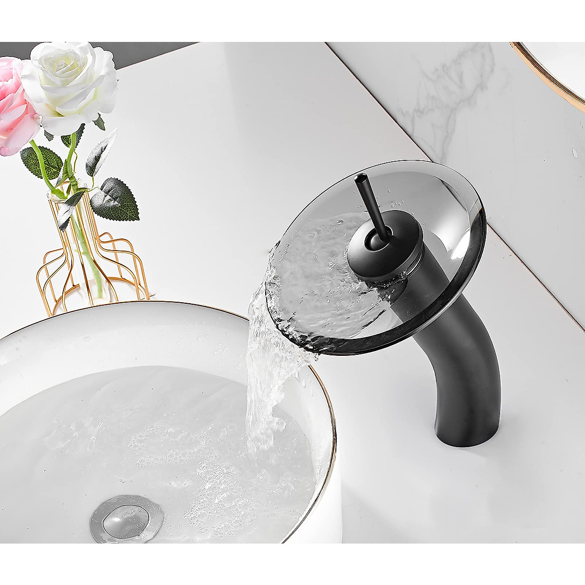 Waterfall Black Bathroom Vessel Faucet Glass Spout 360° Swivel Single Handle One Hole Solid Brass Bowl Faucet Bath Lavatory Vessel Sink Vanity Faucet Tall Body for Above Counter Sink