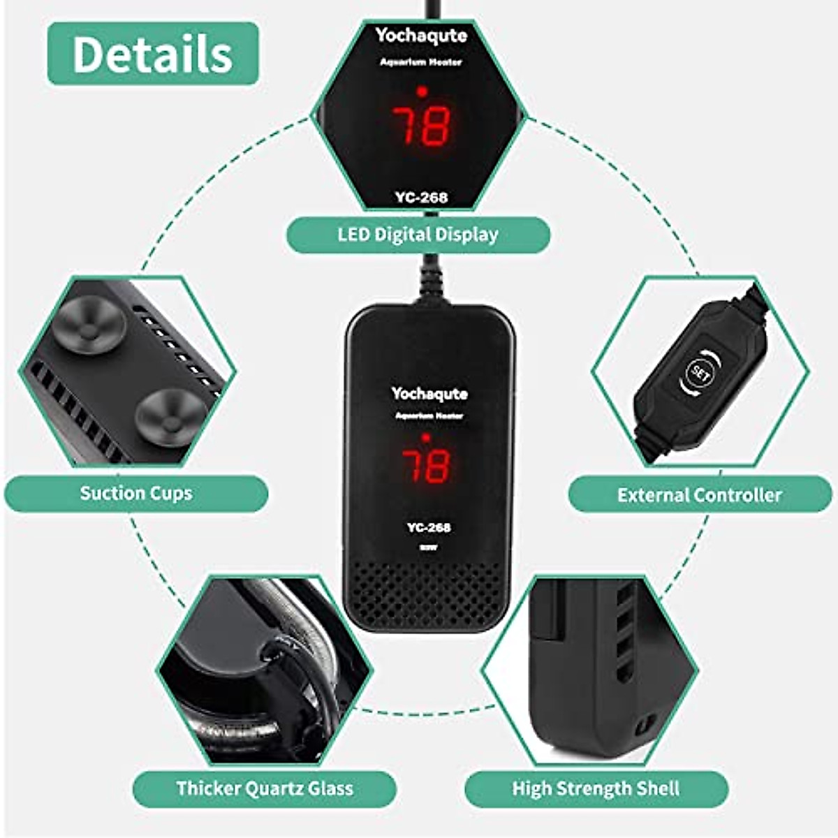 Yochaqute Aquarium Fish Tank Heater: 50 Watt Submersible Small Betta Heater with LED Temperature Display Adjustable External Controller for 1-10 Gallon Saltwater | Freshwater