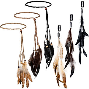 Geyoga 6 Pcs Feather Headband Feather Hair Clip Set Boho Hair Extensions with Feather Clip Comb Hippie Headpiece for Women(Simple Style)