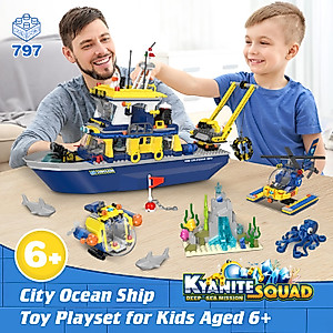 WishaLife City Ocean Exploration Ship Building Toy Set, W/Submarine, Helicopter, Shark, Octopus, Coral Reef, Fun Toy Gift for Kids Boys Girls 6+