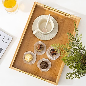 Fashion Bamboo Trays with Metal Handles,Wooden Trays, Bamboo Tray for Eating,Bamboo Sray for organizing,Bar Tray,Breakfast Tray,Great for Parties,Hotel and Outdoors