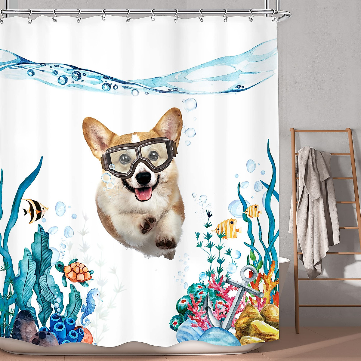 LGhtyro Funny Dog Shower Curtain Bathroom Set 60Wx71H Inches Hilarious Swimming Dog Blue Sea Ocean Bath Accessories Nautical Cute Lovely Corgi Fish Turtle Animal Art Home Decor Fabric 12 Pack Hooks