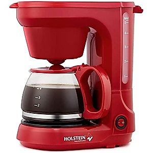 Holstein Housewares - 5 Cup Drip Coffee Maker - Convenient and User Friendly with Permanent Filter, Borosilicate Glass Carafe, Water Level Indicator, Auto Pause/Serve and Keep Warm Functions, Red
