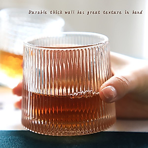 TOSSOW Spinning Whiskey Glasses Set of 2 Tumblers, Striped Old Fashioned Drinking Glass for Scotch, Irish, Bourbon and Cocktail Drinks, Barware Gift for Men and Women