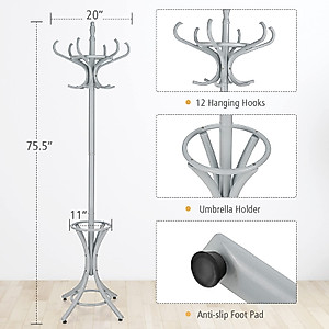 Tangkula 75.5" Standing Coat Rack, Wood Coat Tree with 12 Hooks, Home Hat Jacket Hanger Tree 12 with Umbrella Holder Coat Stand (Grey)