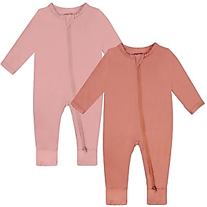 GUISBY Rayon Baby Romper, Soft Long Sleeve with 2-way Zippers Pajamas Orange-Pink 3-6 Months