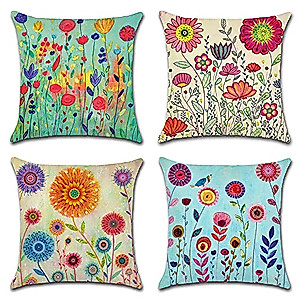 Artscope Set of 4 Decorative Throw Pillow Covers 18x18 Inches, Flowers Pattern Waterproof Cushion Covers, Perfect to Outdoor Patio Garden Living Room Sofa Farmhouse Decor