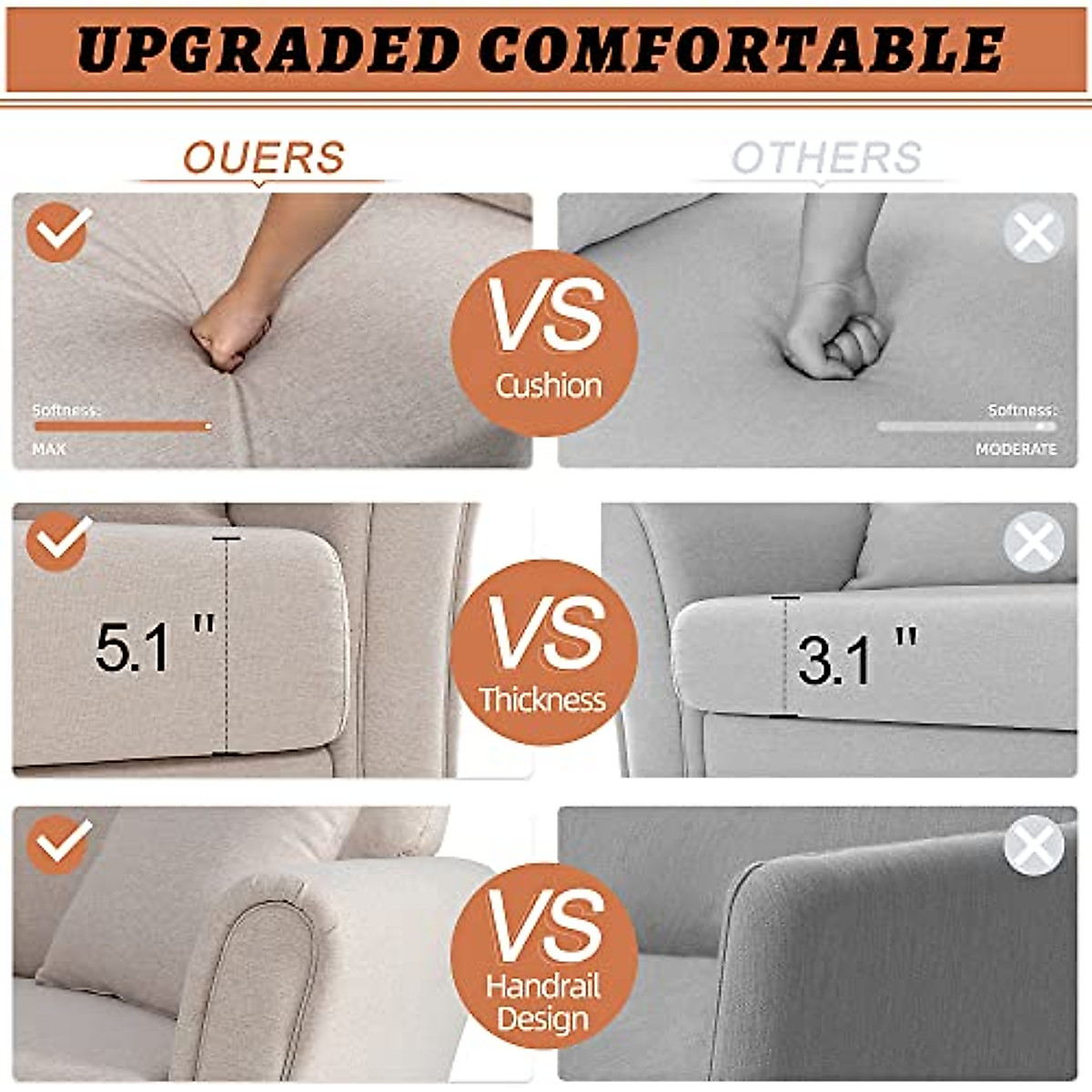 Shintenchi 87 inch Modern Sofa Couch for Livingroom, Mid-Century Loveseat Furniture with Hardwood Frame, Upholstered Couch, Rounded Arms, Deep Seat Sofa Bed for Bedroom, Beige