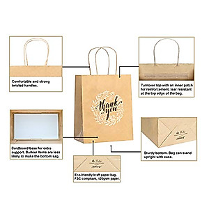VHOB Artenkraft Medium Thank You Gift Bags Bulk with Handles 50pcs- Premium Brown Kraft Paper Bags for Wedding Birthday Graduation Party Favors Baby Shower Retail Merchandise 8x4.75x10 Inches (Brown)